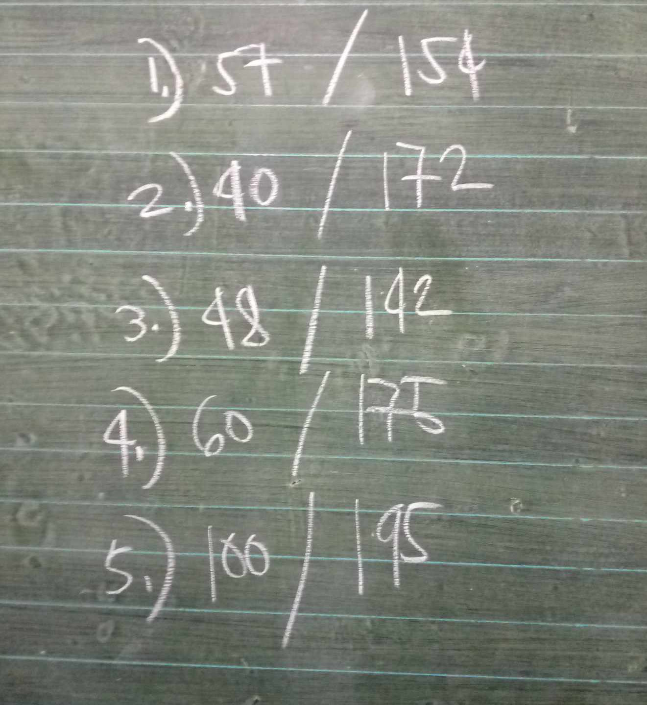 1)57 / 154 2)40 / 172 3)48 / 142 4)60 / 175
