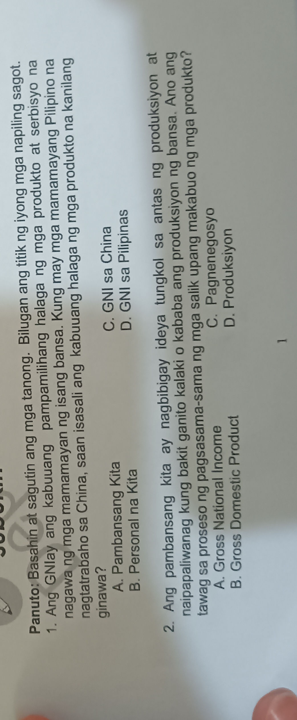 Panuto Basahin at sagutin ang mga tanong | StudyX