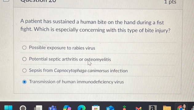 A patient has sustained a human bite on the