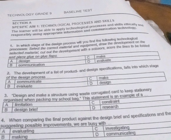 TECHNOLOGY GRADE 9 BASELINE TEST SECTION A | StudyX