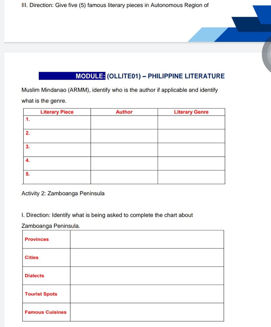 III Direction Give five (5) famous literary | StudyX