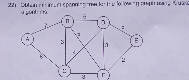 22) Obtain minimum spanning tree for the | StudyX