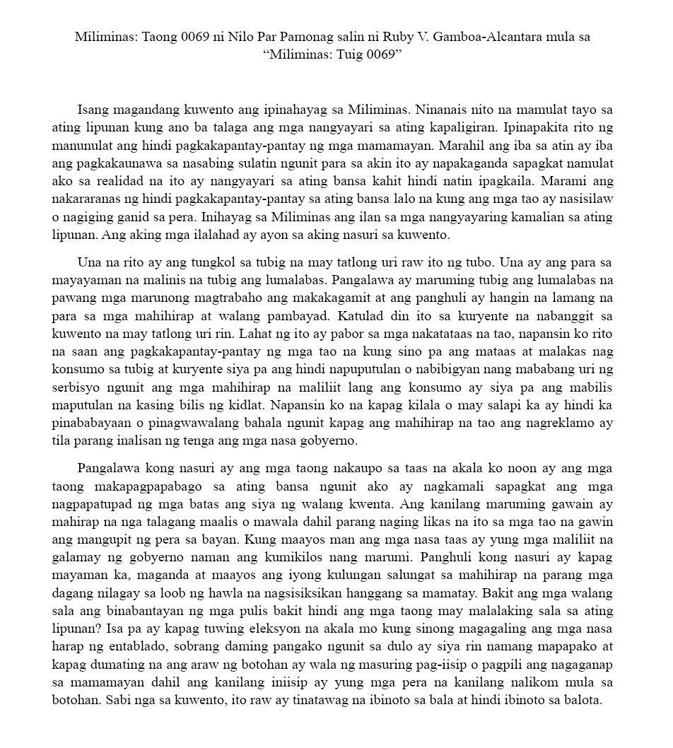 Miliminas Taong 0069 ni Nilo Par Pamonag | StudyX