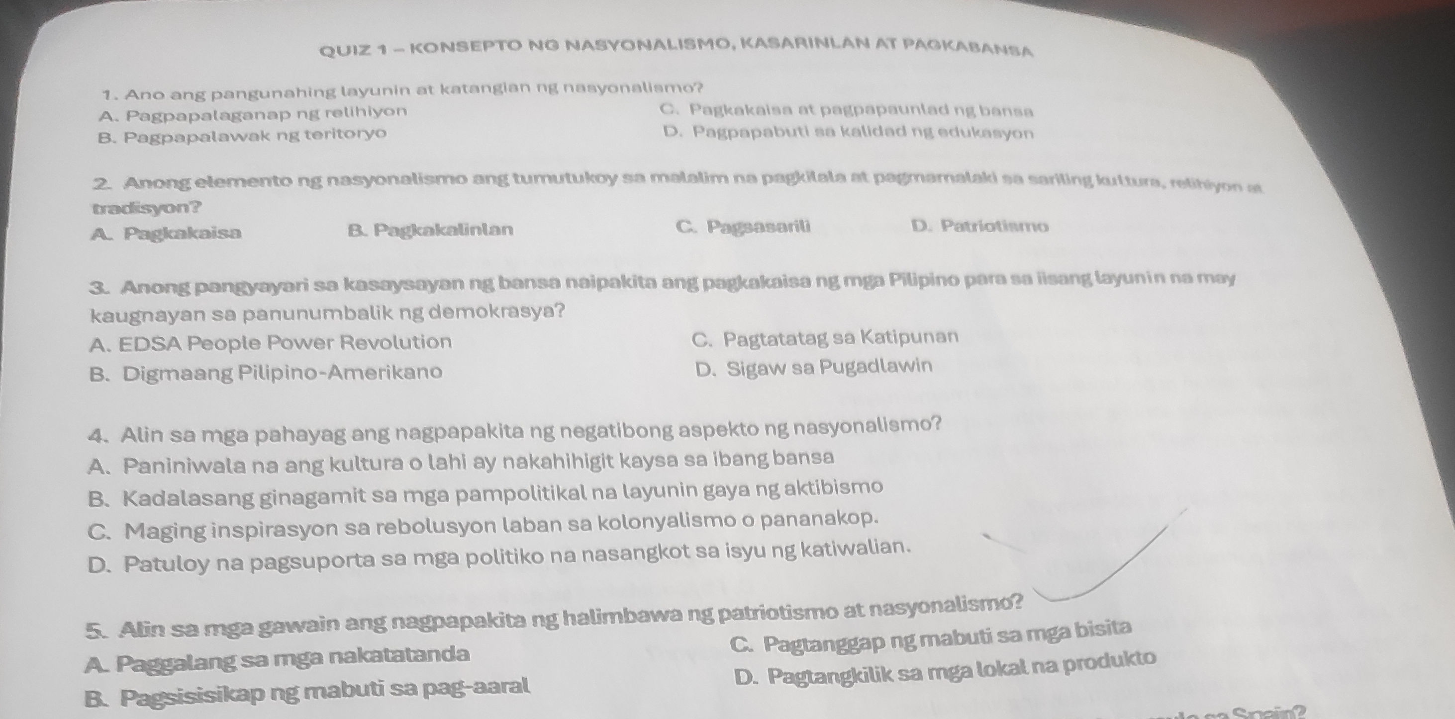 QUIZ 1 - KONSEPTO NG NASYONALISMO KASARINLAN | StudyX
