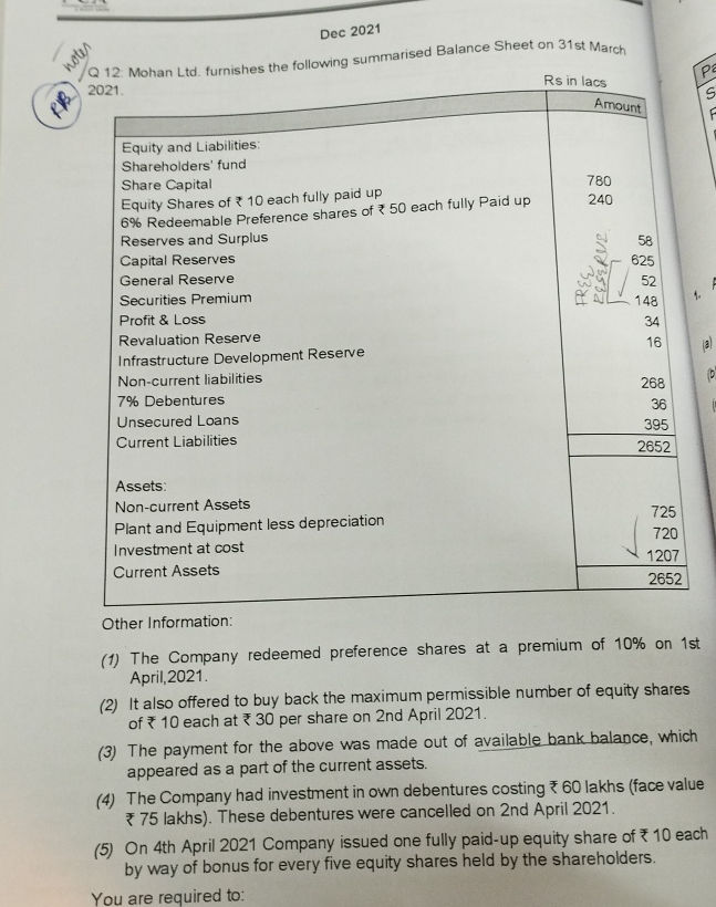 Q12 Mohan Ltd Furnishes The Following Studyx