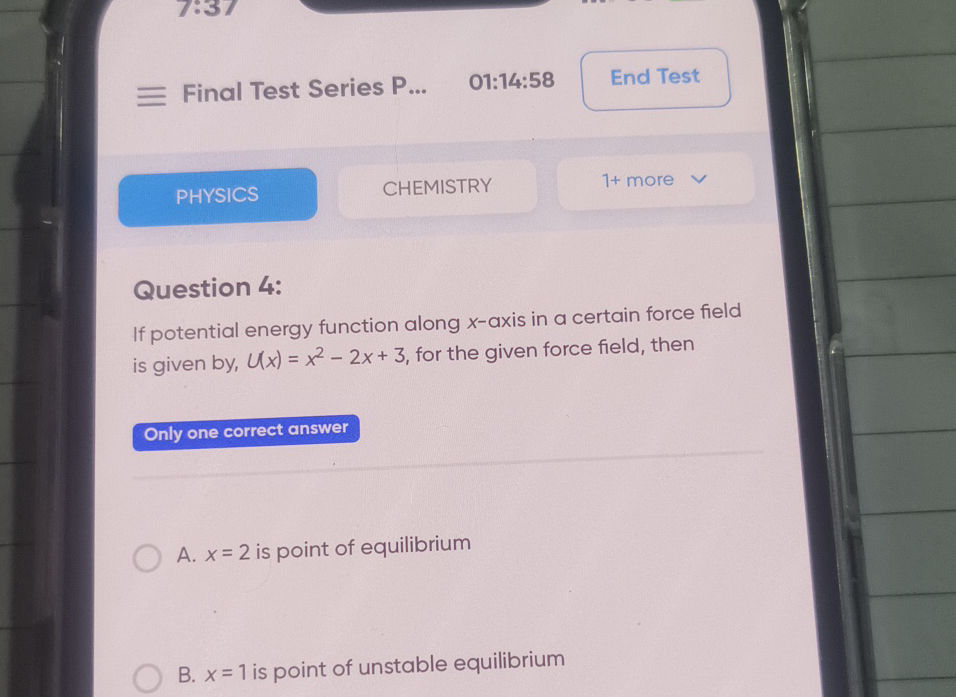 Question 4 If potential energy function | StudyX