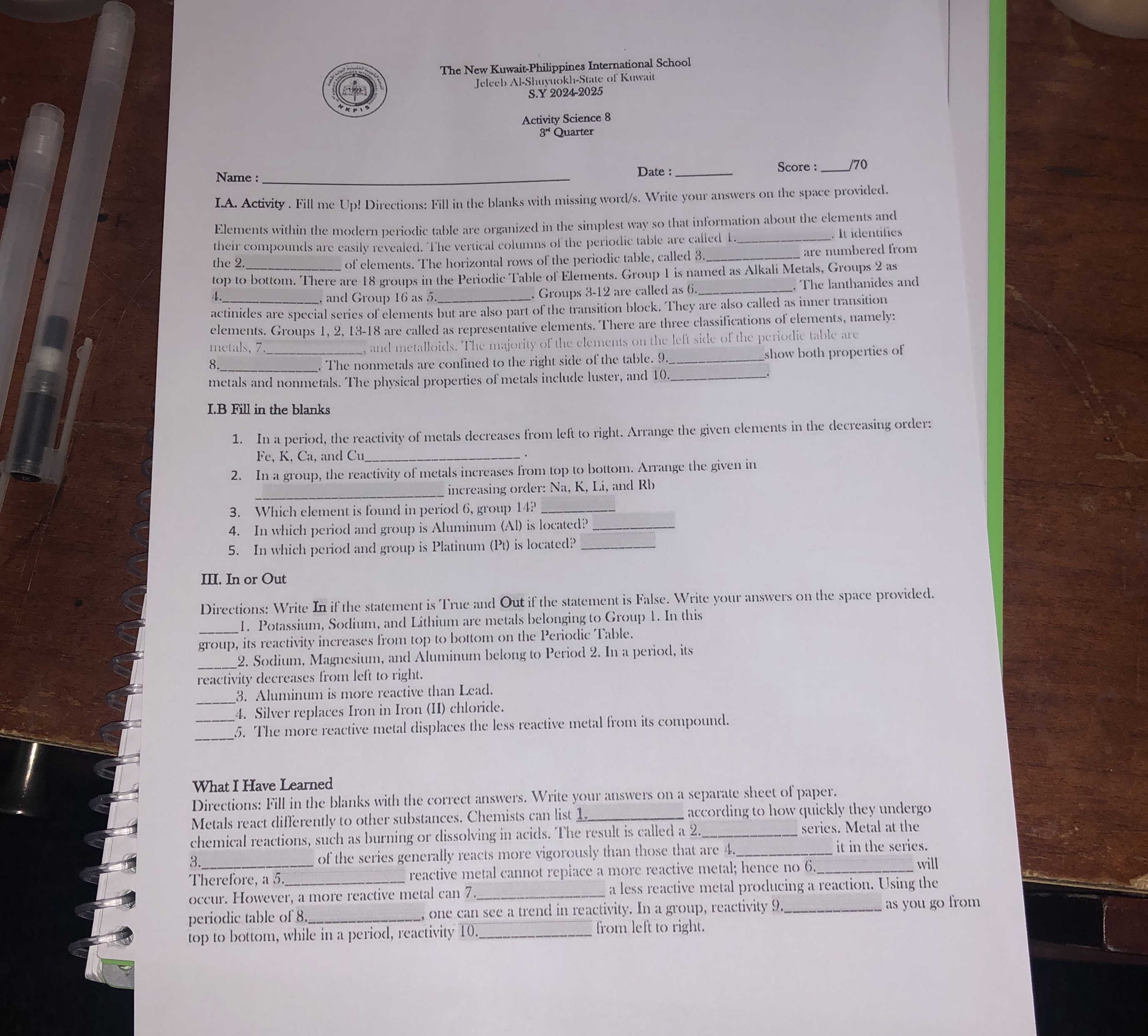 LA Activity Fill me Up Directions Fill in | StudyX