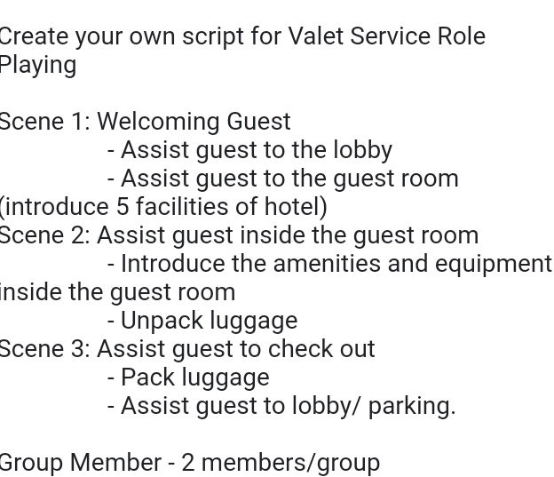 Create your own script for Valet Service | StudyX