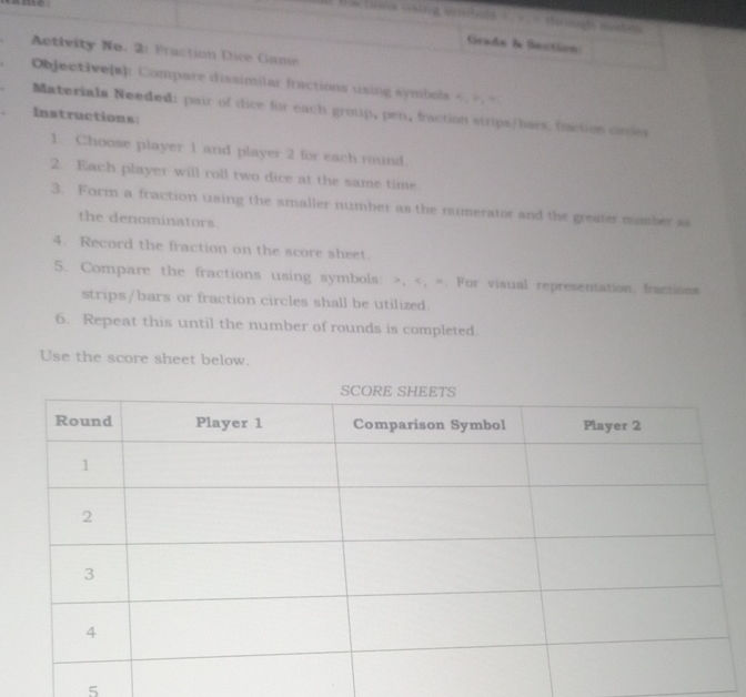 Activity No 2 Fraction Dice Game Objectives | StudyX