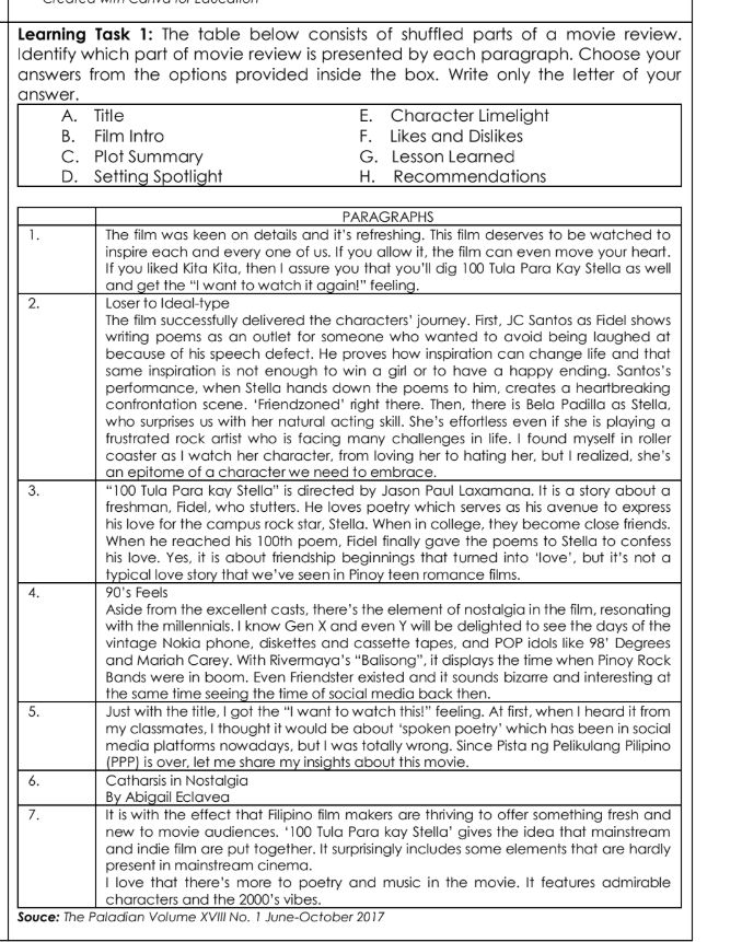 Learning Task 1 The table below consists of | StudyX