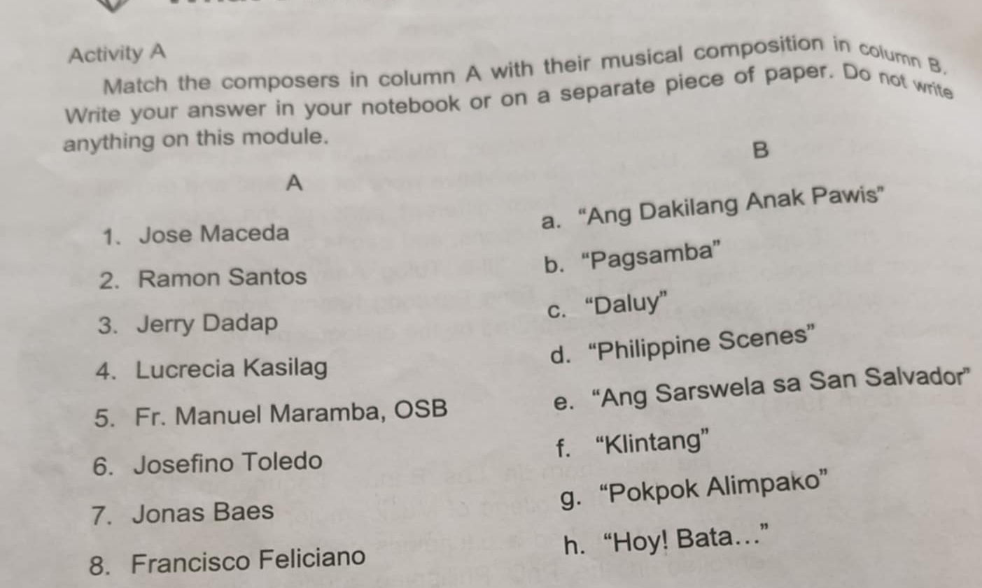 Activity A Match the composers in column A | StudyX