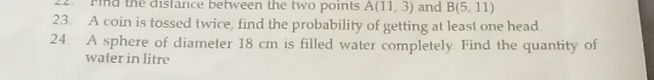 22 Find the distance between the two points