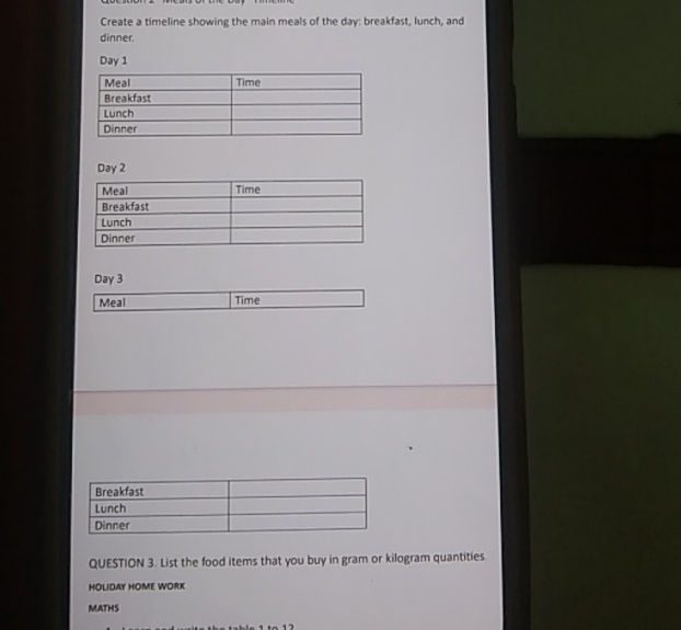 Create a timeline showing the main meals of | StudyX