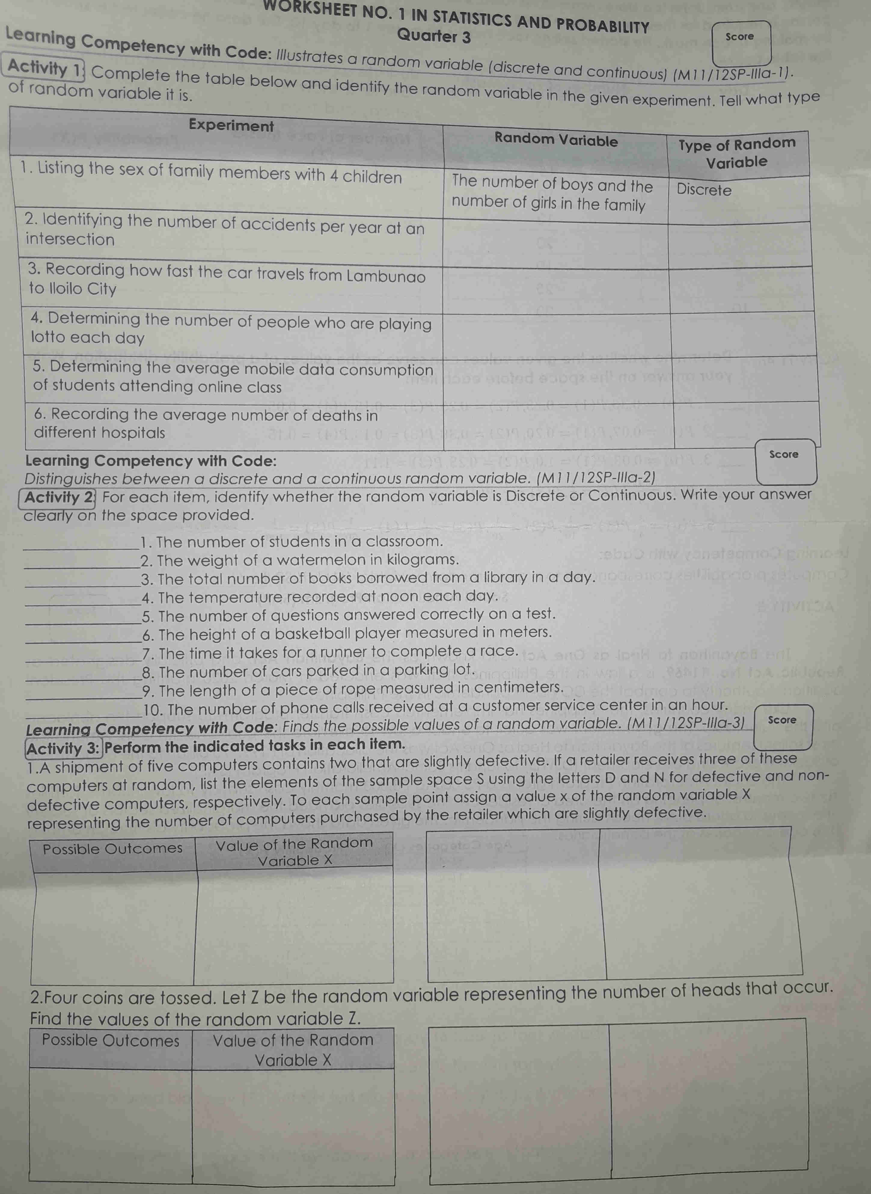 WORKSHEET NO 1 IN STATISTICS AND PROBABILITY | StudyX