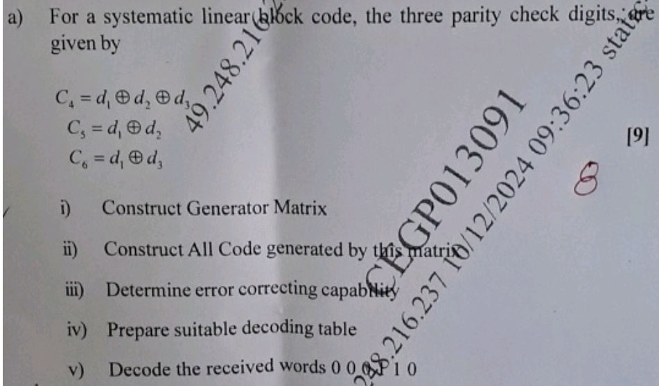 a) For a systematic linear block code the | StudyX