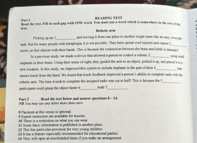 Part 1 READING TEST Read the text Fill in | StudyX