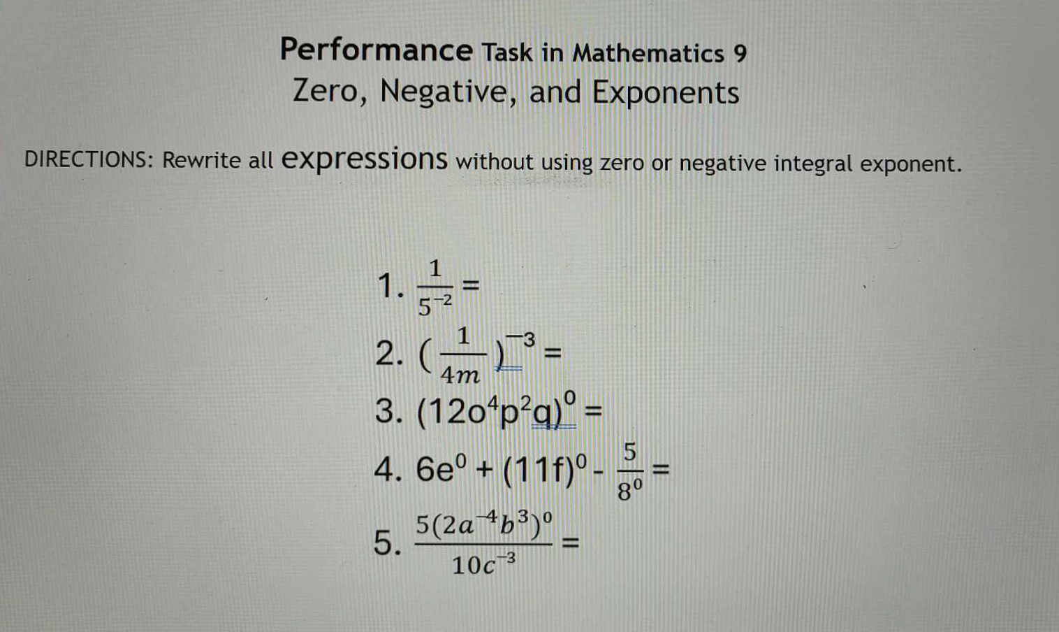 Performance Task in Mathematics 9 Zero | StudyX