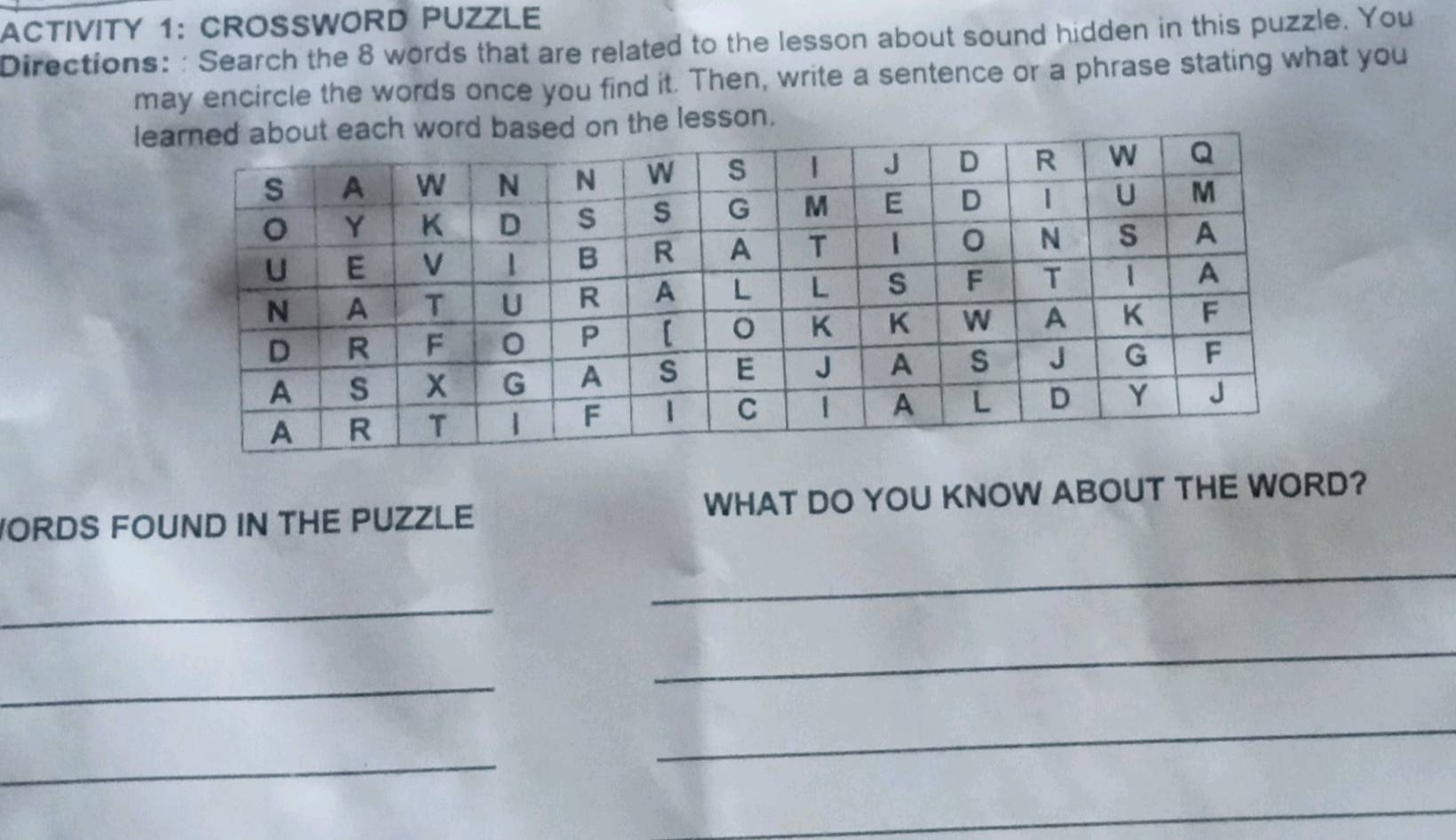 ACTIVITY 1 CROSSWORD PUZZLE Directions | StudyX