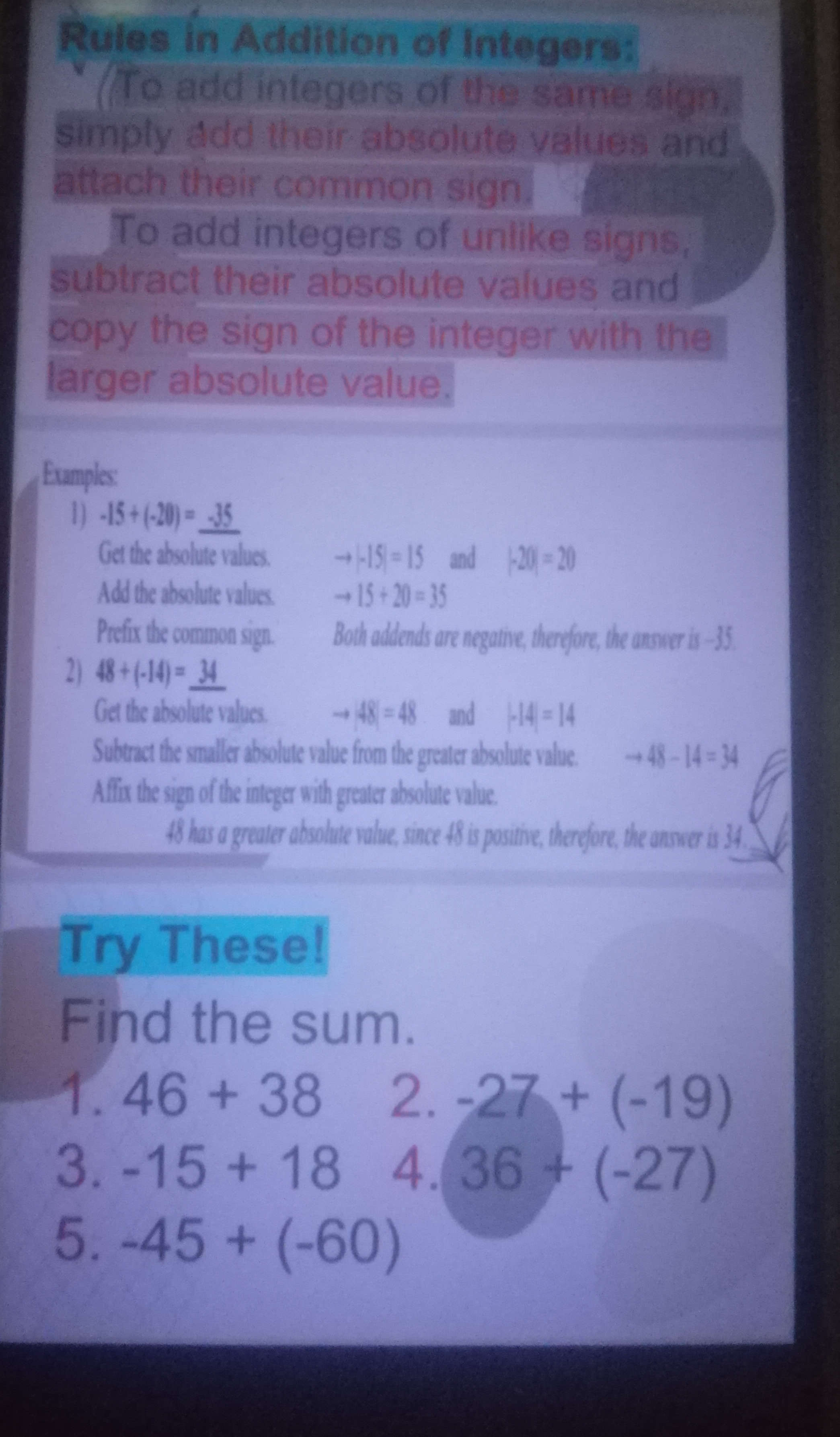 Rules in Addition of Integers To add | StudyX