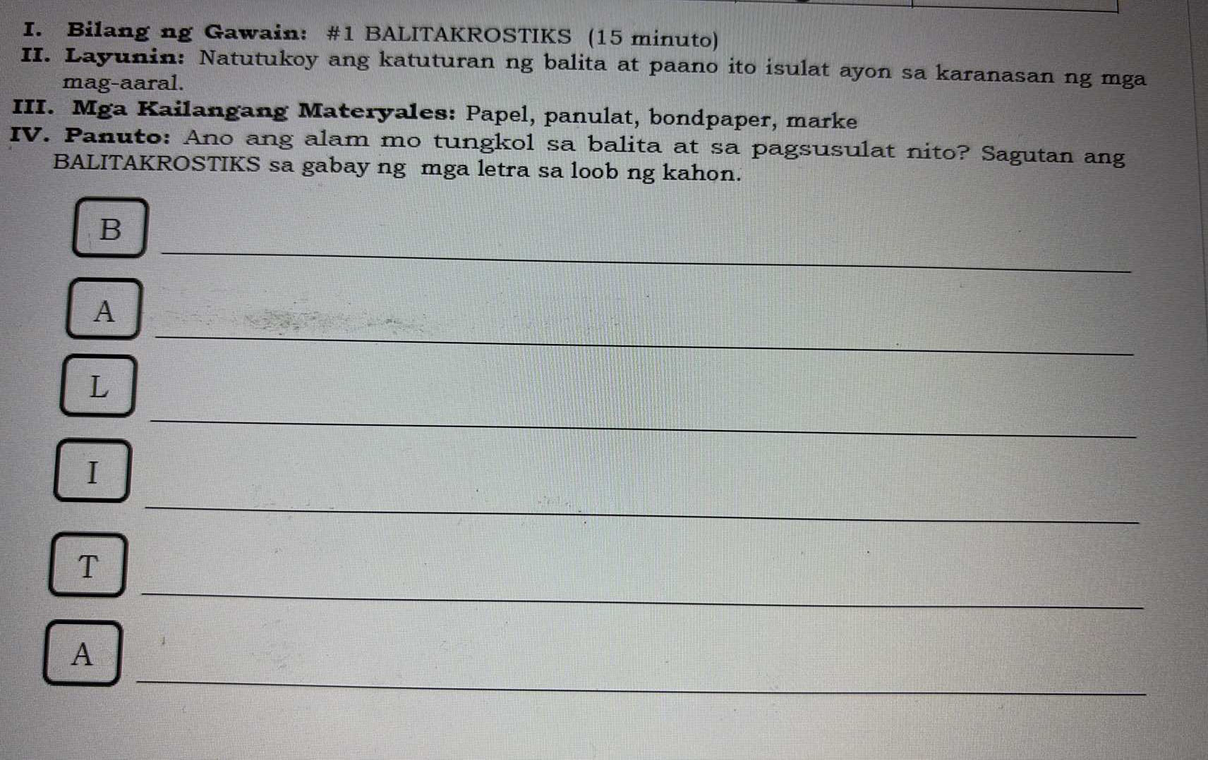 I Bilang ng Gawain 1 BALITAKROSTIKS (15 | StudyX