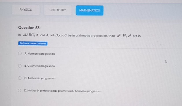 Question 63 In ABC if cot A cot B cot C be | StudyX