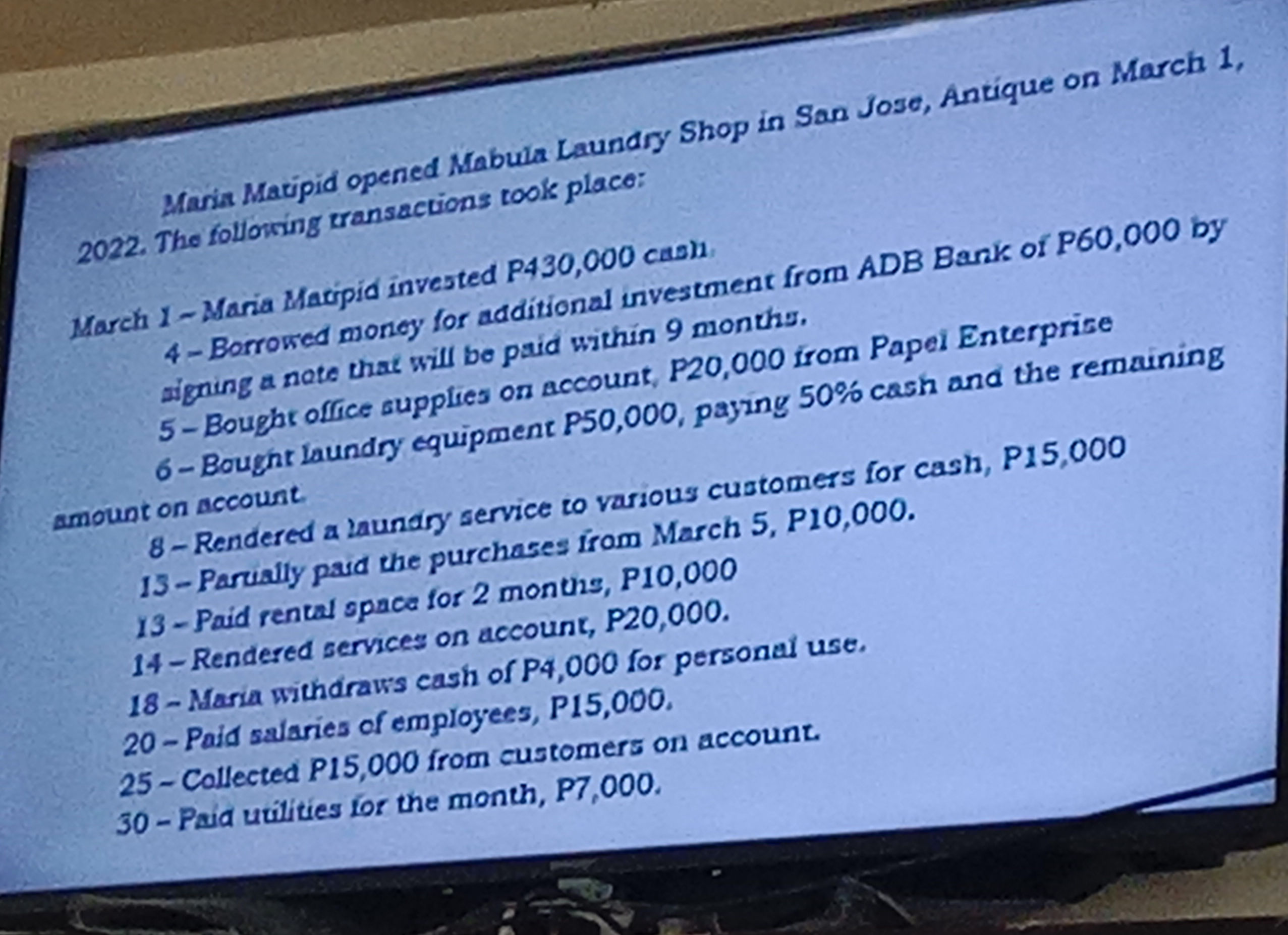 Maria Matipid opened Mabula Laundry Shop in | StudyX