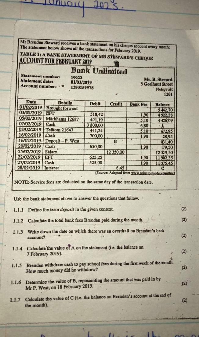 Mr Brendan Steward receives a bank statement | StudyX