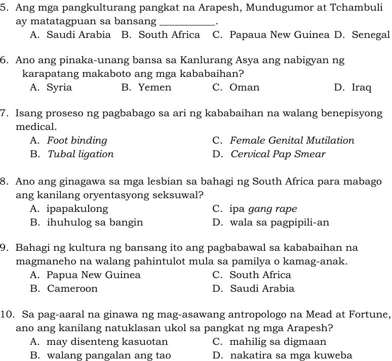 5 Ang mga pangkulturang pangkat na Arapesh | StudyX