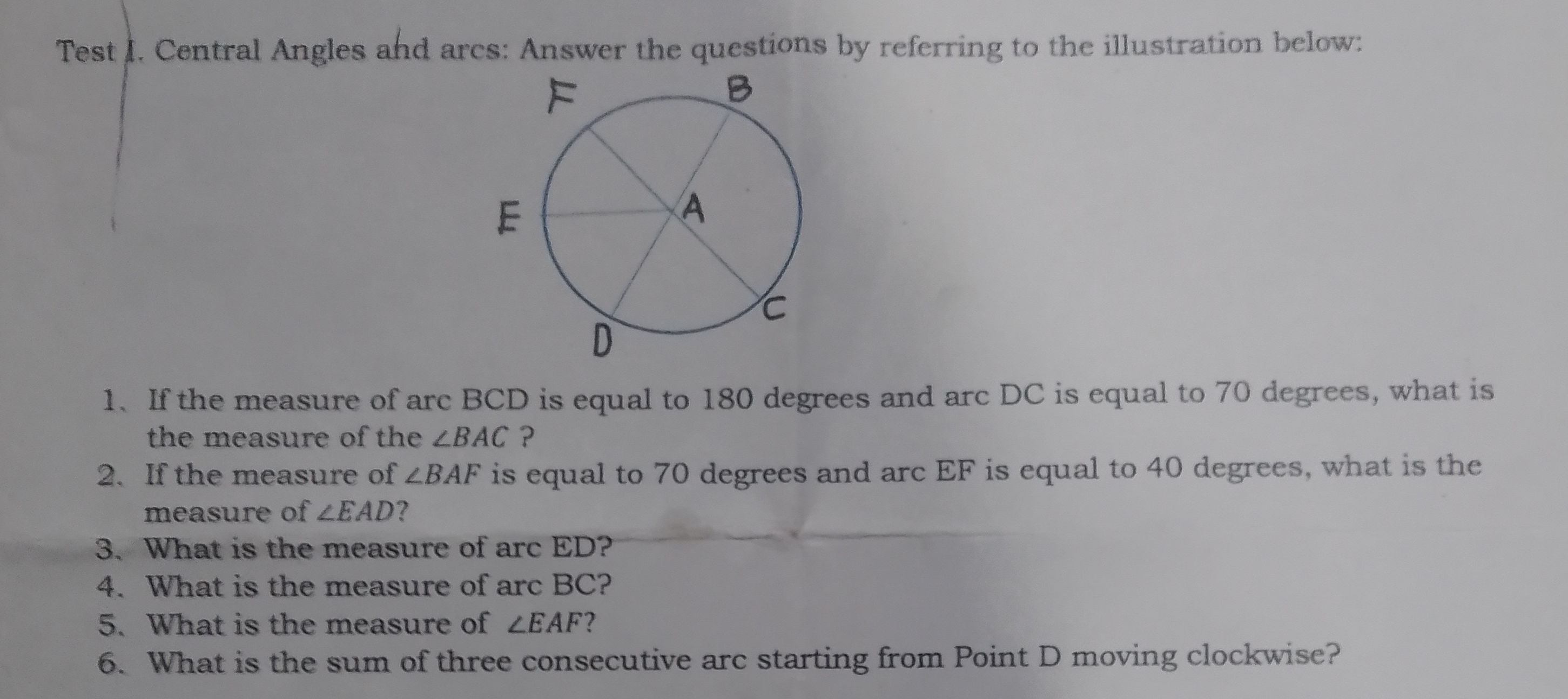 Test 1 Central Angles and arcs Answer the | StudyX