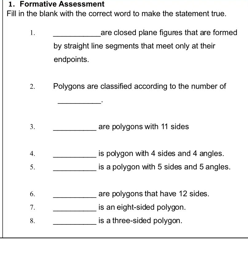 1 Formative Assessment Fill in the blank | StudyX