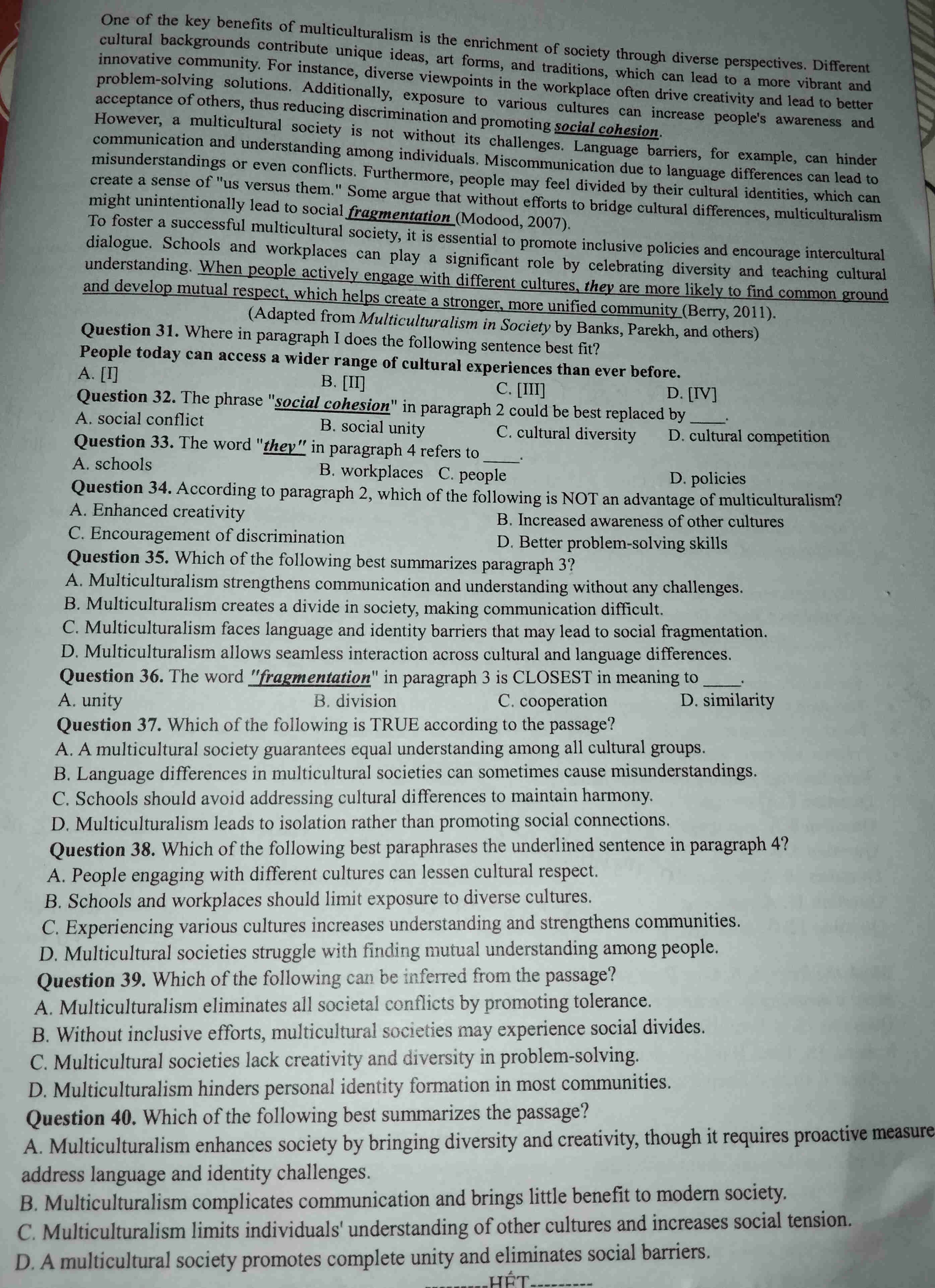 One of the key benefits of multiculturalism | StudyX