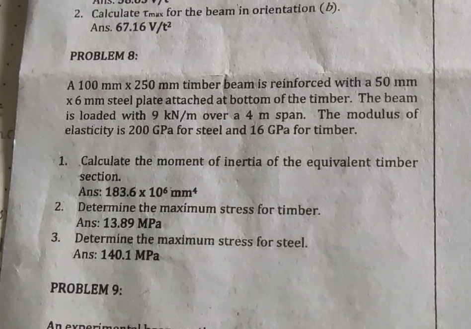 PROBLEM 8 A 100 mm x 250 mm timber beam is