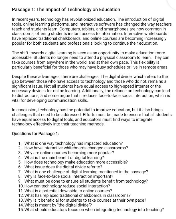 Passage 1 The Impact of Technology on
