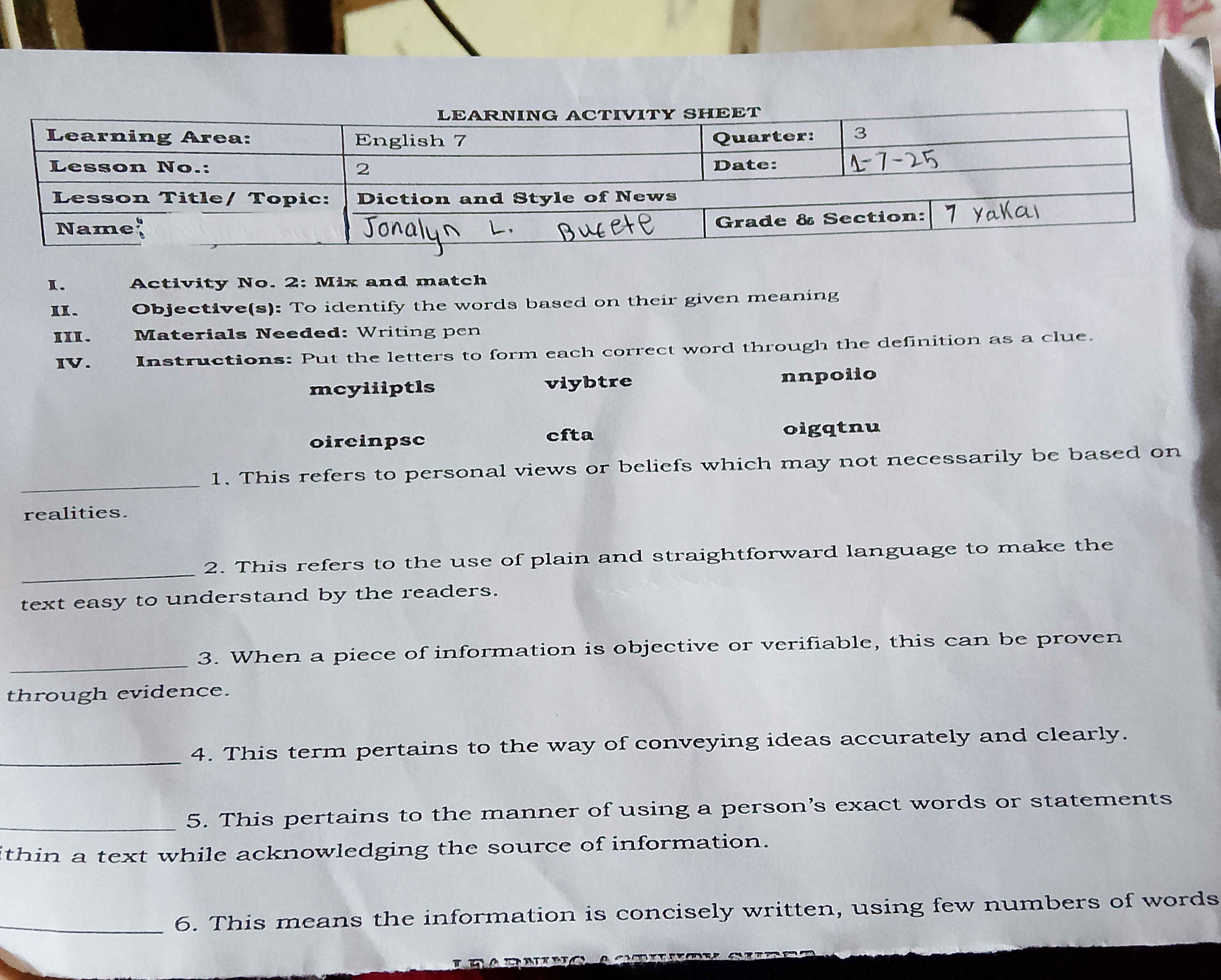 LEARNING ACTIVITY SHEET Learning Area | StudyX
