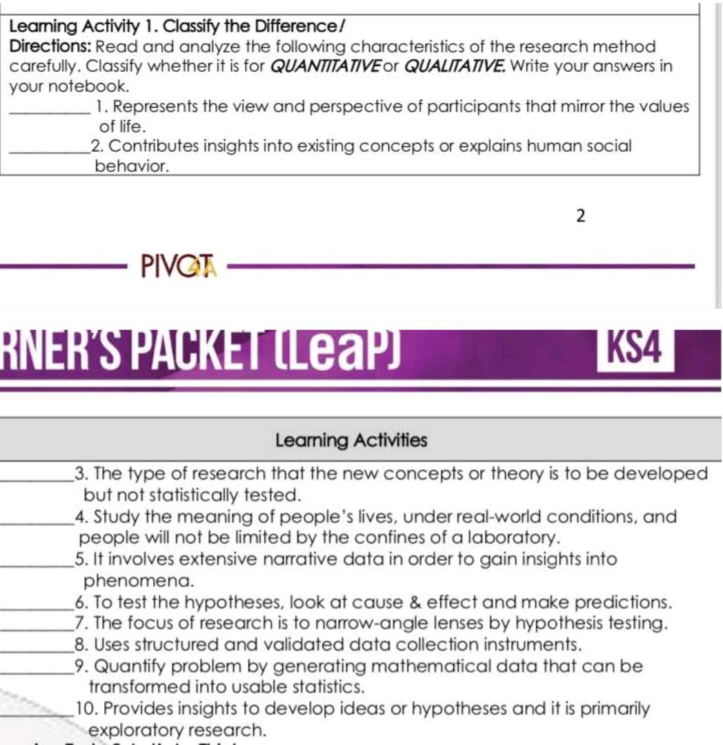 Learning Activity 1 Classify the Difference/ | StudyX
