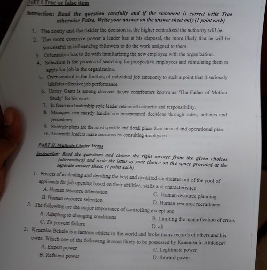 PART I True or false itemInstruction Read | StudyX