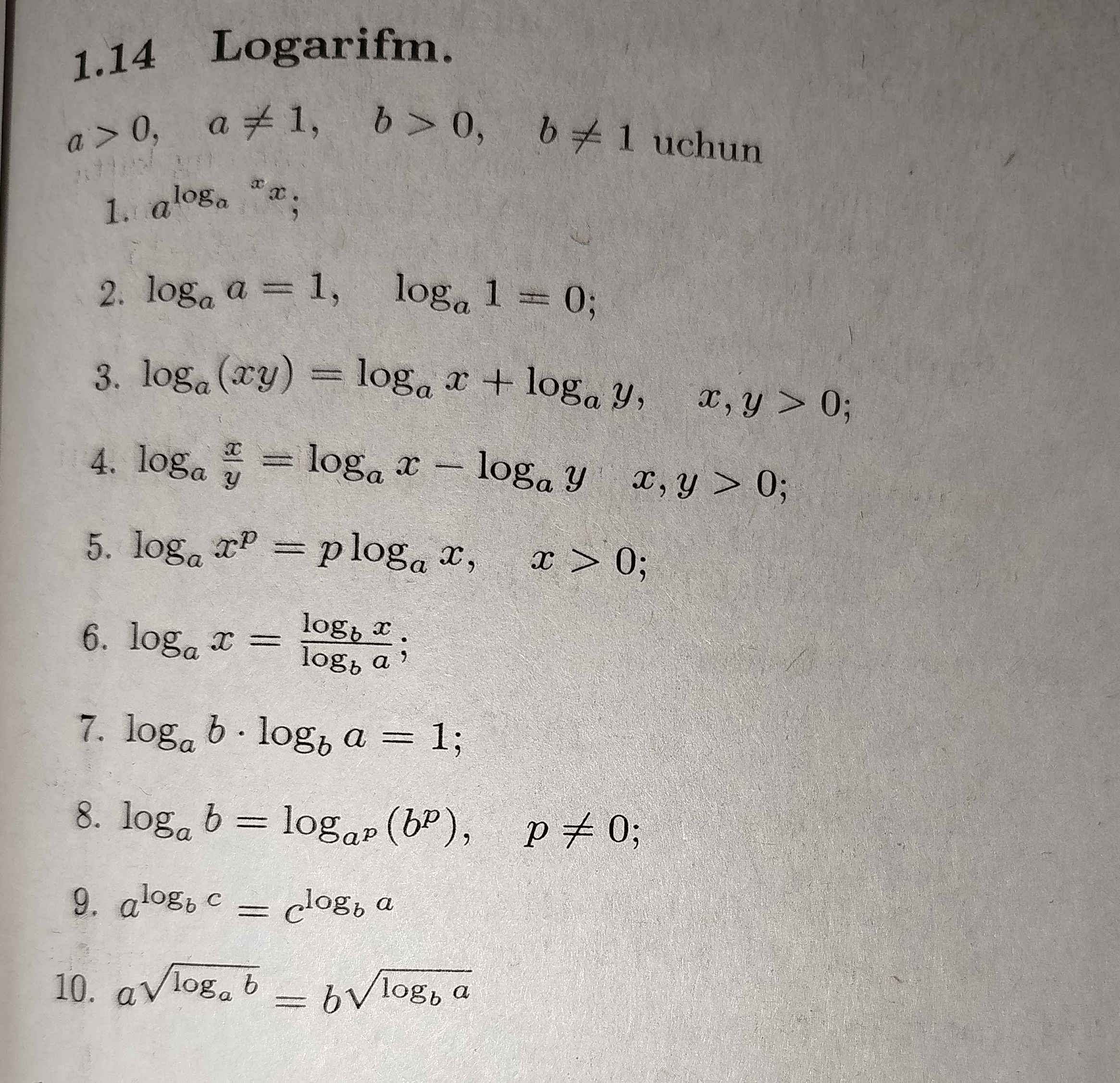 114 Logarifm a0 a 1 b 0 b 1 uchun 1 aloga | StudyX