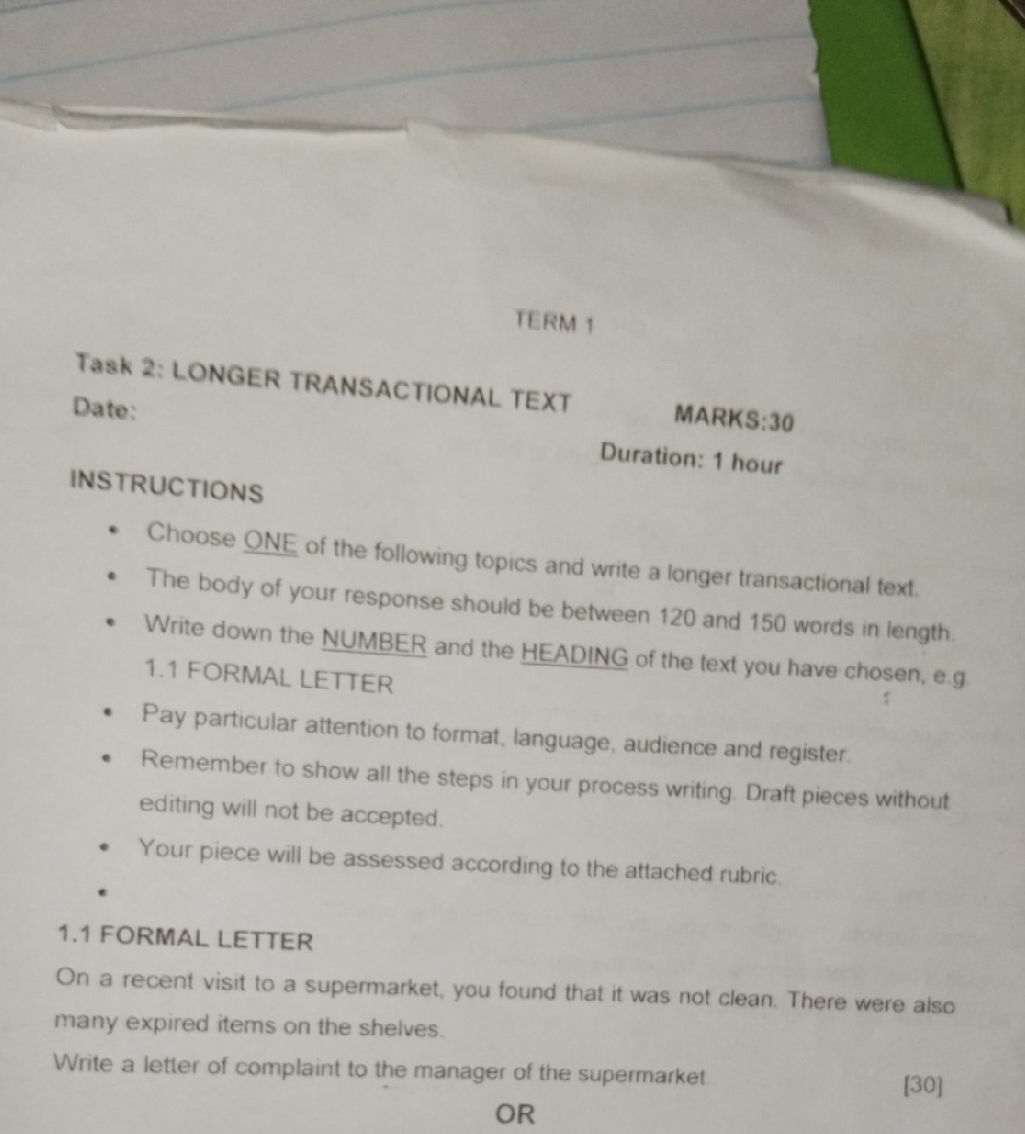 TERM 1 Task 2: LONGER TRANSACTIONAL TEXT