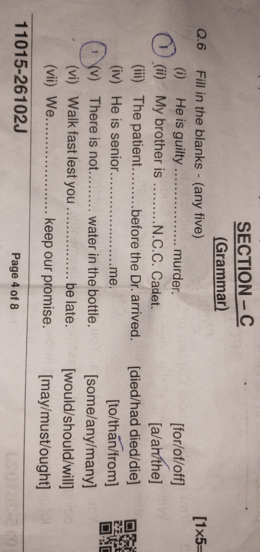 SECTION - C (Grammar) Q.6 Fill in the blanks