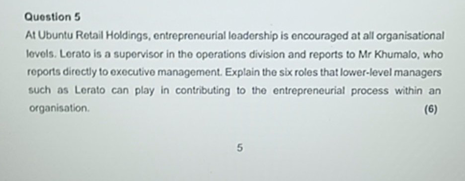Question 5 At Ubuntu Retail Holdings,