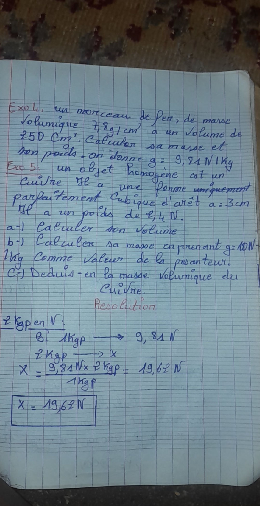 Exo 4: un morceau de Fer, de masse Volumique