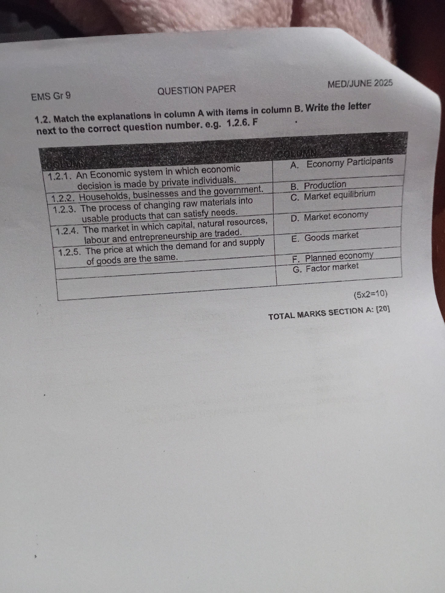 Match the explanations in column A with