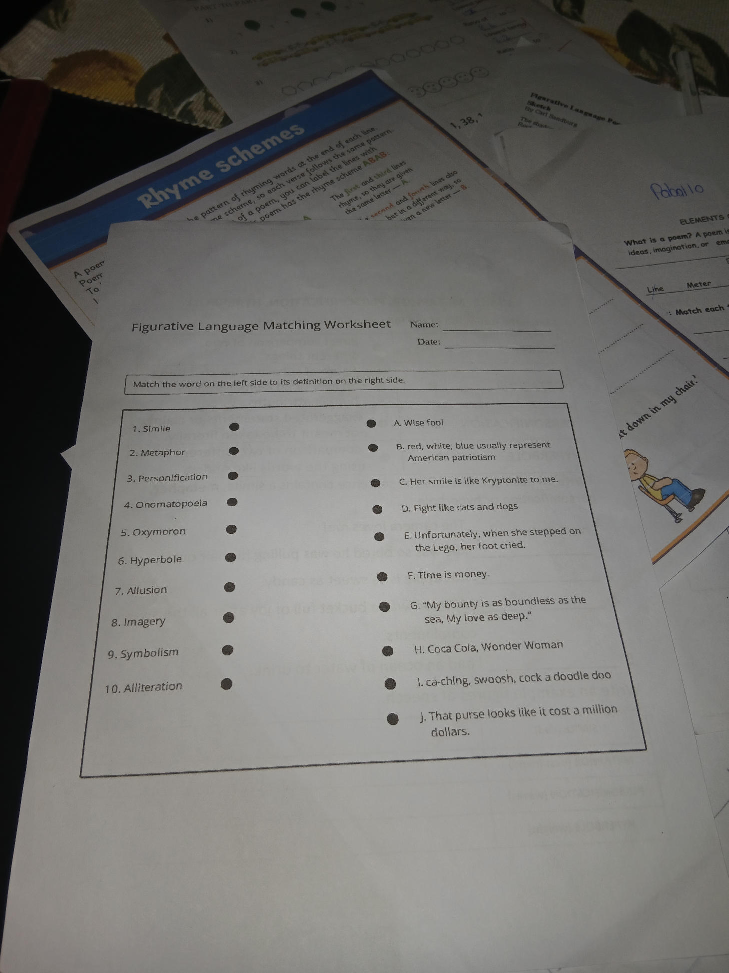 Figurative Language Matching Worksheet Name: