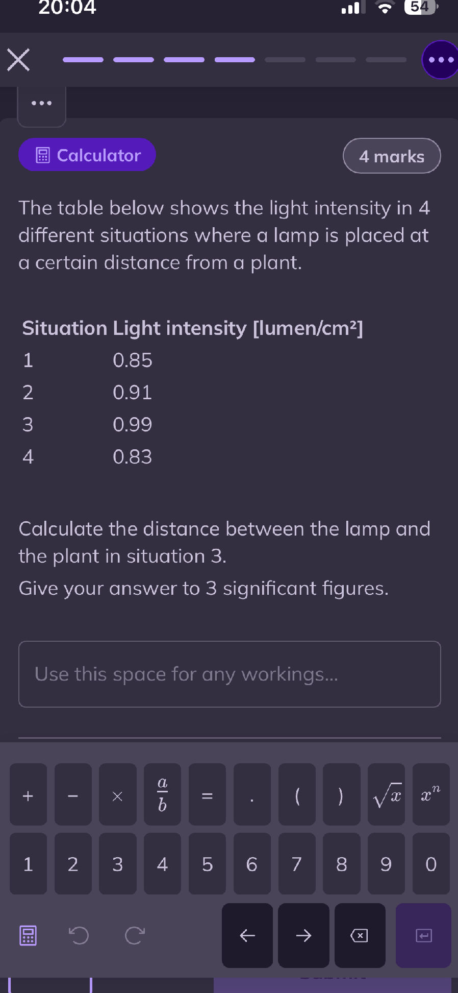The table below shows the light intensity in