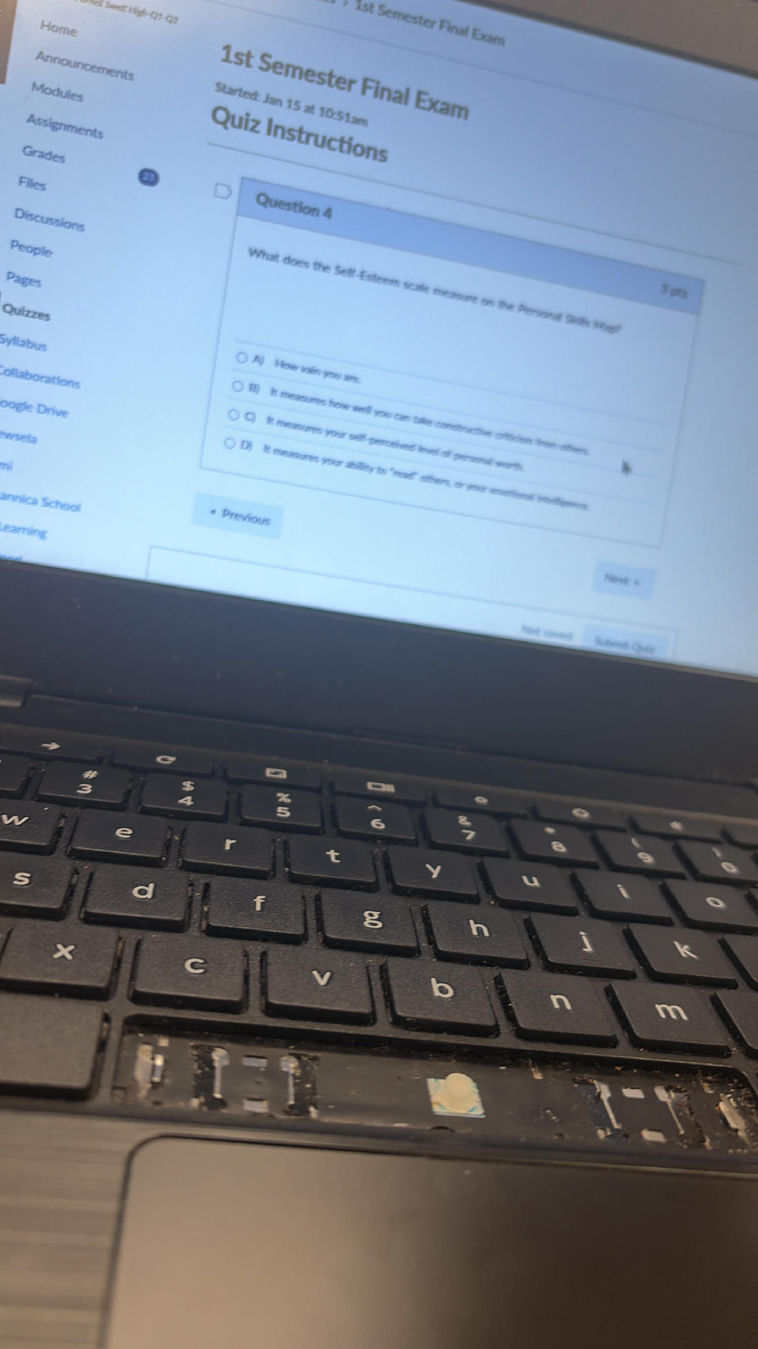 Question 4 What does the Self-Esteem scale | StudyX