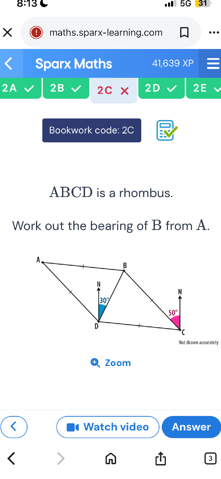 ABCD is a rhombus. Work out the bearing of B