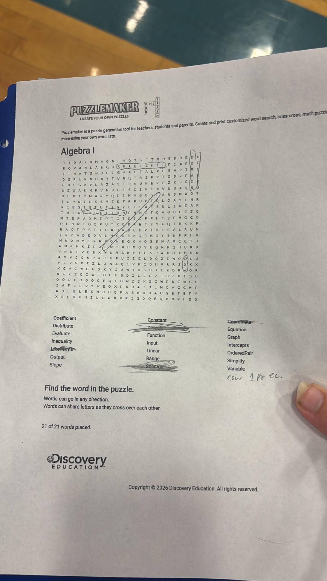 Algebra I [Word Search Puzzle Grid] **Word | StudyX