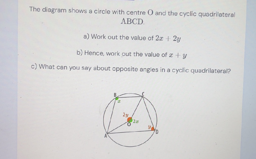 The diagram shows a circle with centre O and | StudyX