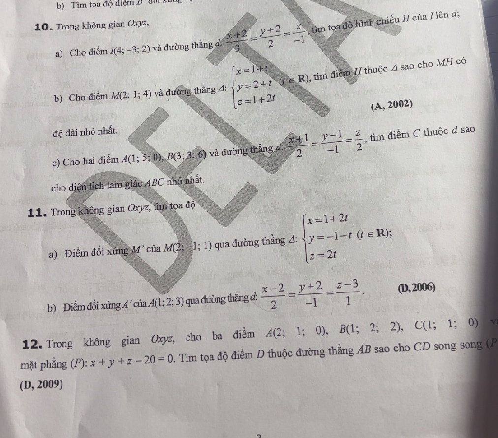10. Trong không gian $Oxyz$, a) Cho điểm | StudyX