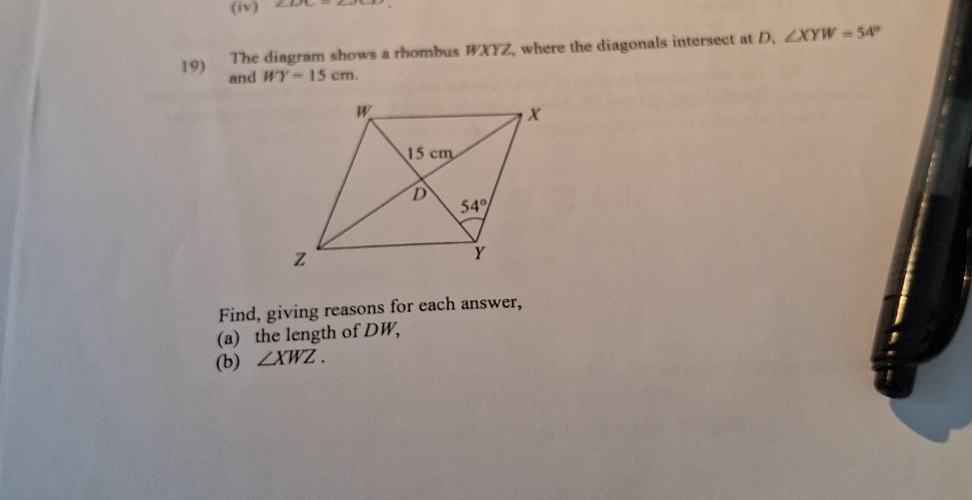 The diagram shows a rhombus $WXYZ$, where | StudyX